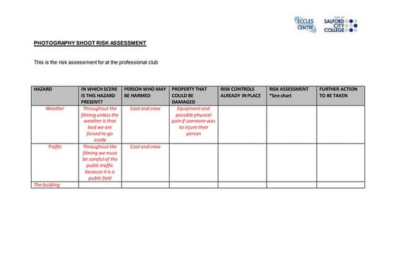 Photography shoot risk assessment form | PPT
