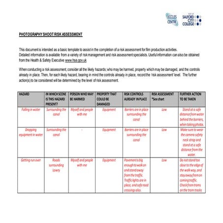Photography shoot risk assessment form finished | DOCX