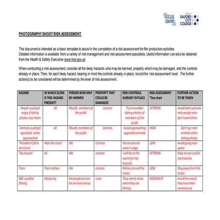 Photography shoot risk assessment form landscape | DOCX
