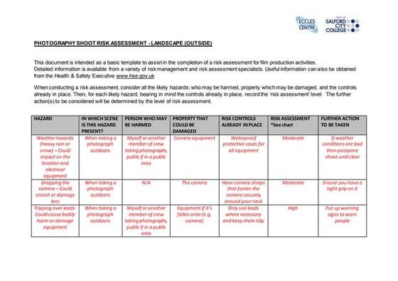 Photography shoot risk assessment form | PPT