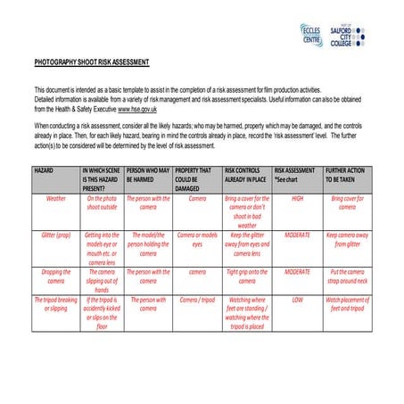 Photography Shoot Risk Assessment Portrait | PPT