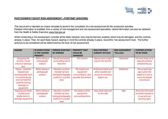 Photography shoot risk assessment form | DOCX