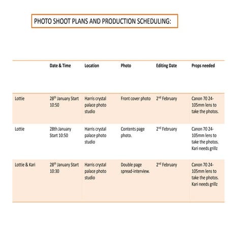 Photo shoot schedule