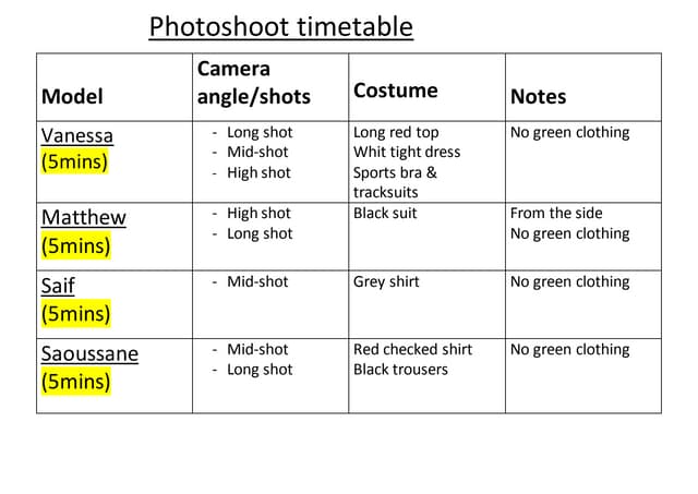 Timetable for Photo Shoot | DOCX