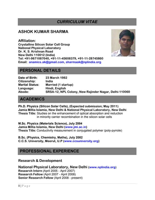 Photovoltaic R&D Ashok kumar sharma CV | PDF