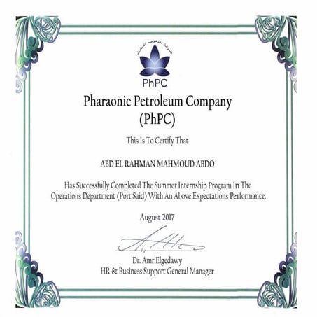 Pharaonic Petroleum Company I BP Training Certificate I 2017 | PPT