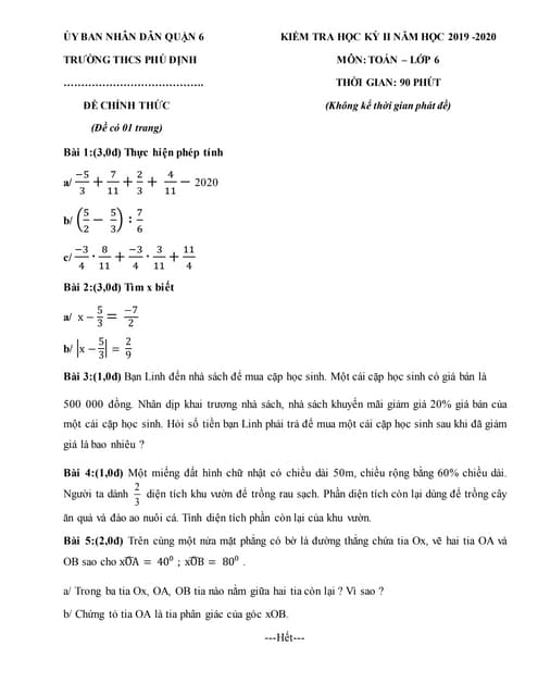 Đề Thi HK2 Toán 6 - THCS Trần Văn Ơn | PDF