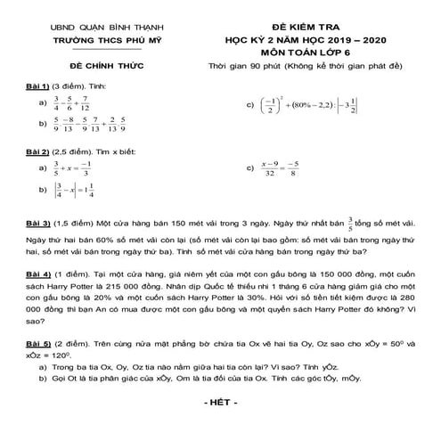Đề Thi HK2 Toán 6 - THCS Phú Mỹ | DOC