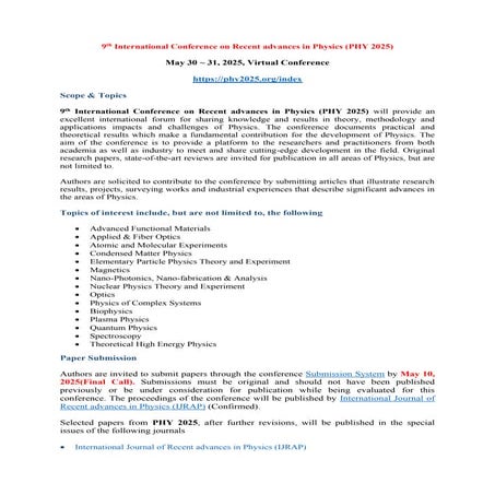 9th International Conference on Recent advances in Physics (PHY 2025) | PDF