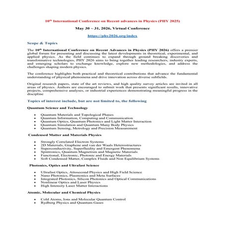 10th International Conference on Recent advances in Physics (PHY 2025 ...