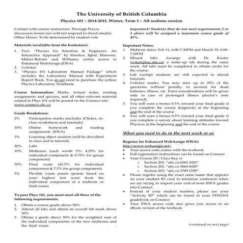 Phys 101 course overview - all sections (01-2015) | PDF