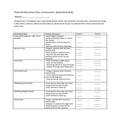 Physical education peer assessment dr jones | DOCX | Basketball | Sports