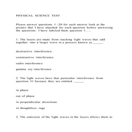 PHYSICAL SCIENCE TESTPlease answer questions 1 -20 for each an | DOCX