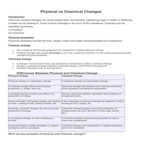 Physical vs Chemical Changes class 7 notes | PDF