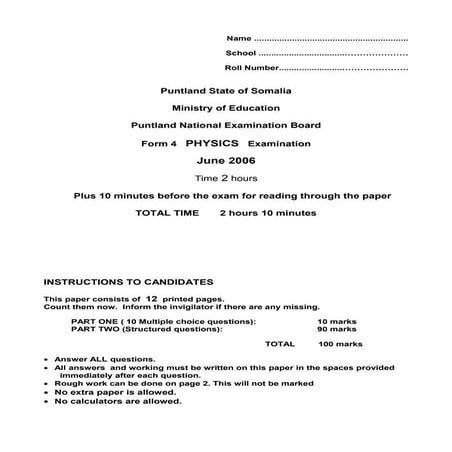 Physics 2006 PNEB (PUNTLAND NATIONAL EXAMINATION BOARD) | DOC