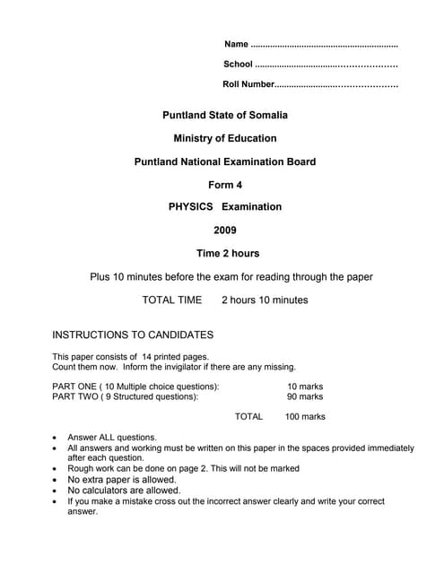 History 2007 PNEB (PUNTLAND NATIONAL EXAMINATION BOARD) | PDF