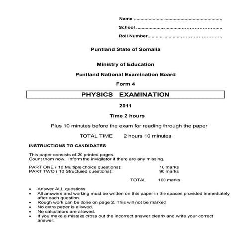 Physics 2011 PUNTLAND NATIONAL EXAMINATION BOARD (PNEB) | PDF