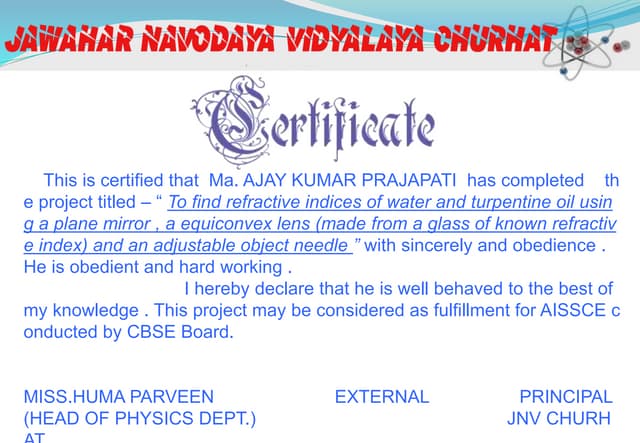 To find the refractive indexes of (a) water,(b) oil using a plane ...