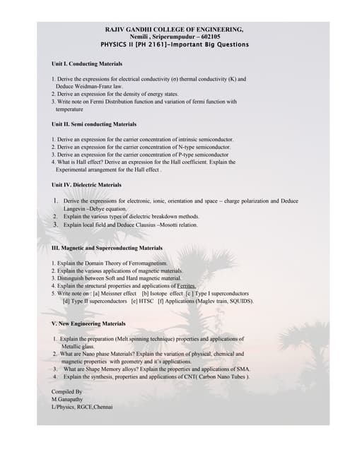 Applied Physics Question Bank for mcet autonomous | PDF