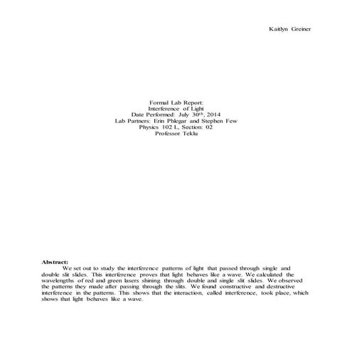 Physics 102 formal report interference | DOCX