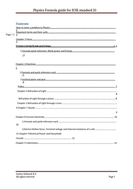 Physics formula ICSE_Standard 10 | PDF