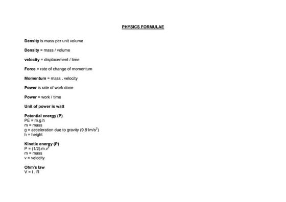 O level physics formula sheet | PDF