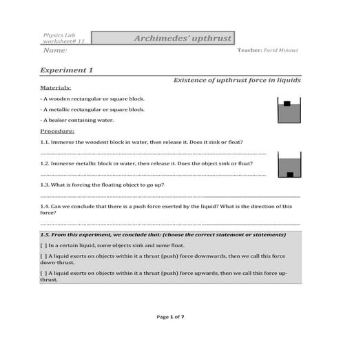 Physics lab worksheet - Archimedes upthrust | PDF