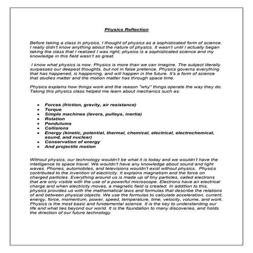 Physics Reflection | DOCX | Physics | Science