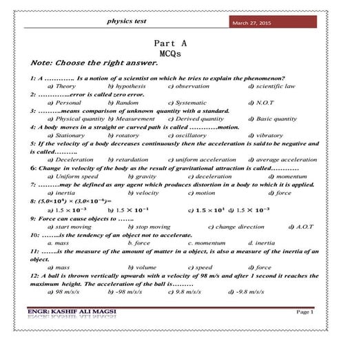 Physics test | DOCX | Physics | Science