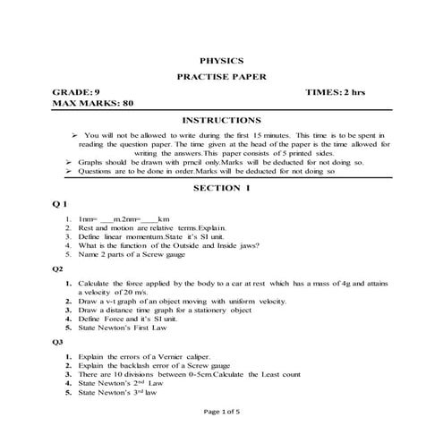 Physics - Test on Measurement,Motion in one dimension and laws of ...