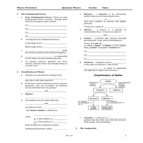 Physics worksheet lesson 30 standard model 1 | PDF