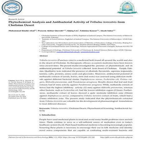 Phytochemical Analysis and Antibacterial Activity of Tribulus terrestris from Cholistan Desert | PDF