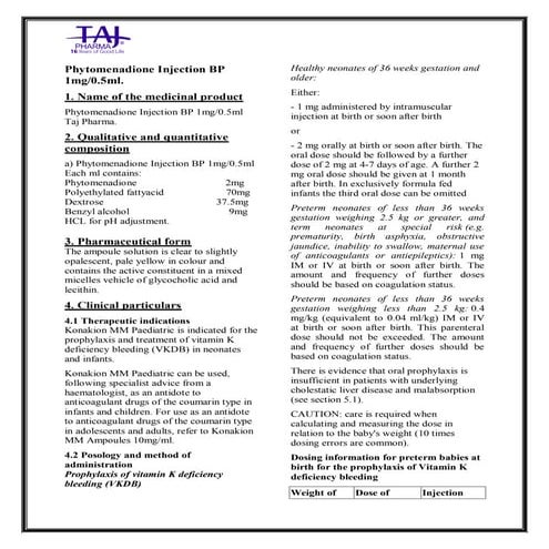 Phytomenadione Injection BP Taj Pharma SmPC (Paediatric) | PDF