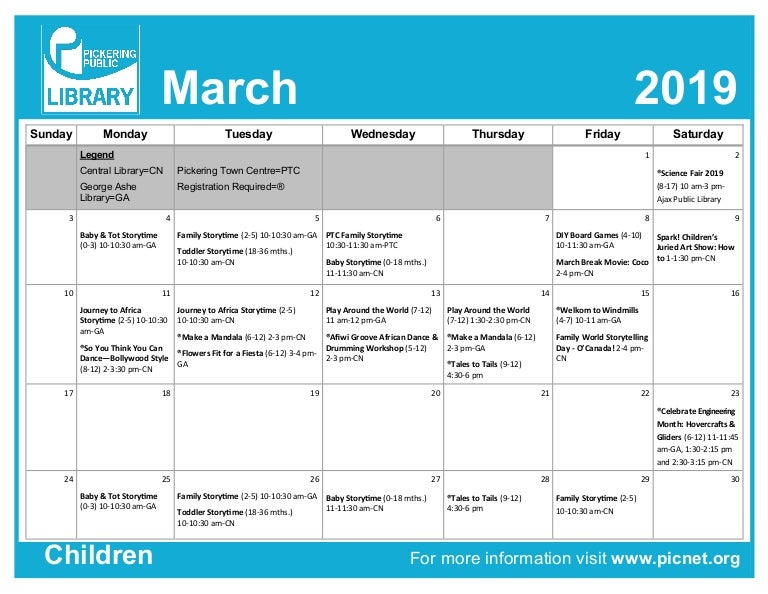 Pickering Public Library March Monthly Calendars
