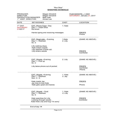 Production schedule for filming days | PDF