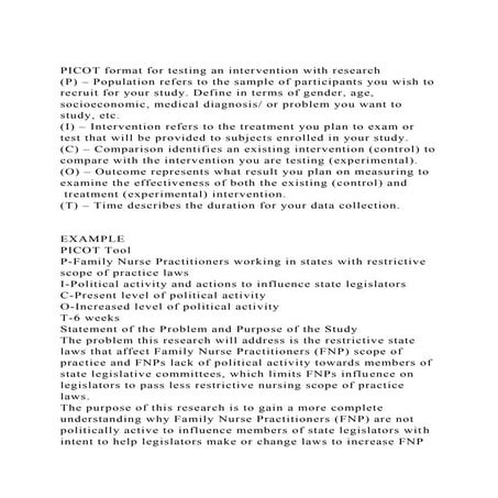 PICOT format for testing an intervention with research(P) – Popu.docx ...