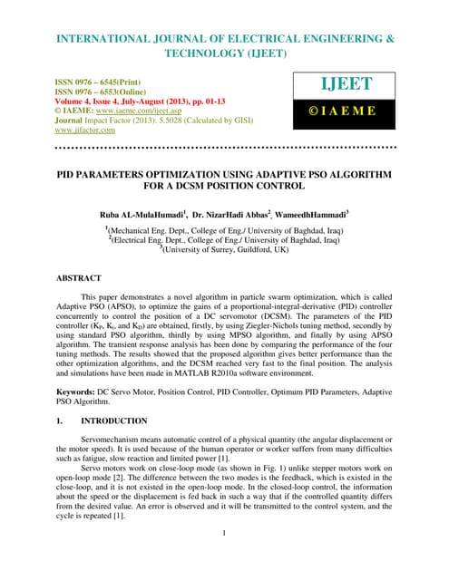 Pid Parameters Optimization Using Adaptive Pso Algorithm For A Dcsm Positi Pdf