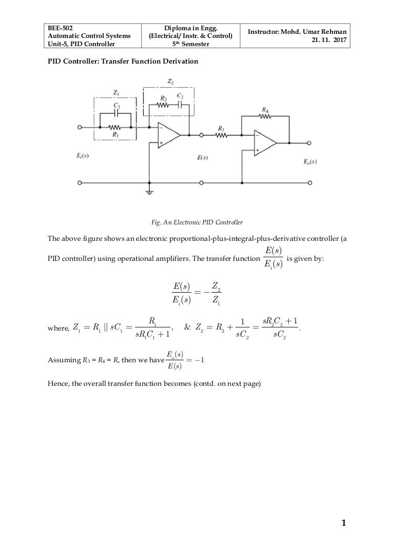 PID Controller Transfer Function PID Controller Transfer Function