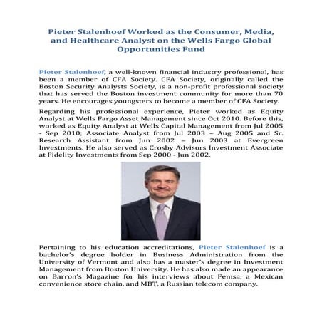 Pieter Stalenhoef Worked as the Consumer, Media, and Healthcare Analyst ...