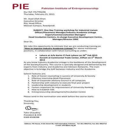 PIE Training Workshop at Lahore | DOCX | Business | Business and Finance