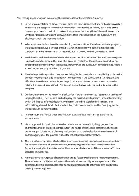 PILOT TESTING, MONITORING and EVALUATING the IMPLEMENTATION of the ...