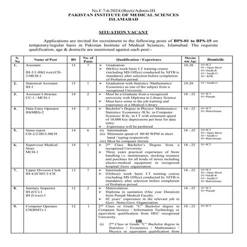 PIMS Job Advertisement 2024.pdf Islamabad | PDF
