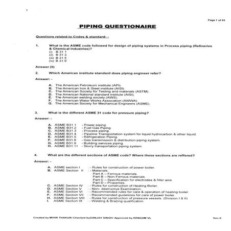 Static maintenance equipment and PIPING QUESTIONS | PDF