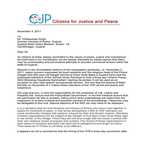 Pirana 111104 letter to dgp, gujarat | PDF