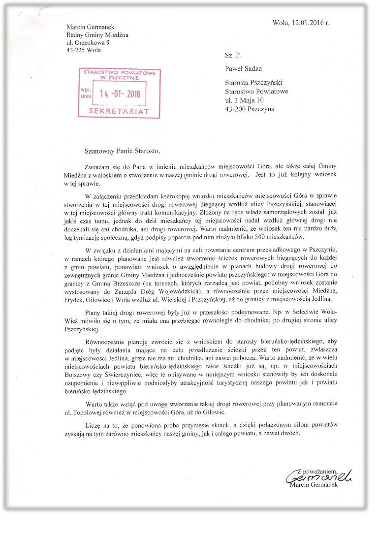 Pismo do starosty pszczyńskiego ws. ścieżki rowerowej w Gminie Miedźna