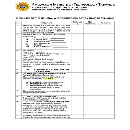 PIT-Checklist syllabus making in education | DOCX