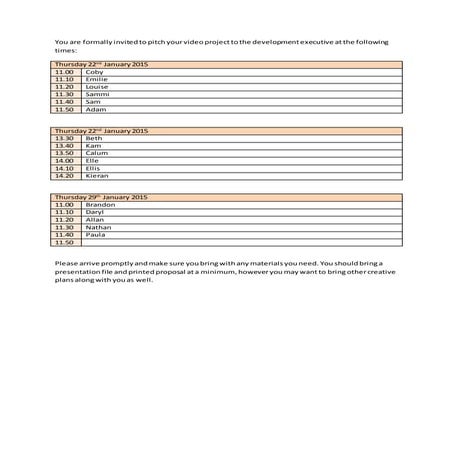 Pitch timetable | DOCX | Video Production | Content Production