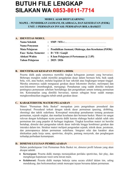 Modul Ajar Deep Learning PJOK Kelas 7 Kurikulum Merdeka | PDF