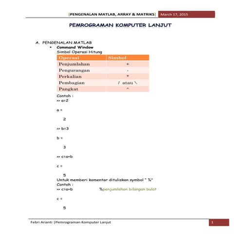 PENGENALAN MATLAB, ARRAY DAN MATRIKS | PDF