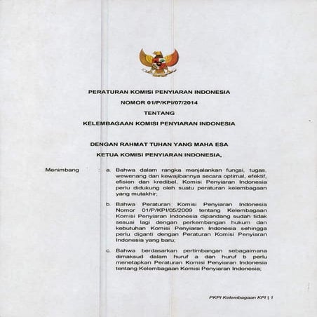 PKPI No 01/2014 Tentang Kelembagaan KPI | PDF